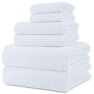POLYTE Oversize, 60 x 30 in., Quick Dry Lint Free Microfiber Bath Towel Set, 6 Piece (White, Waffle Weave)