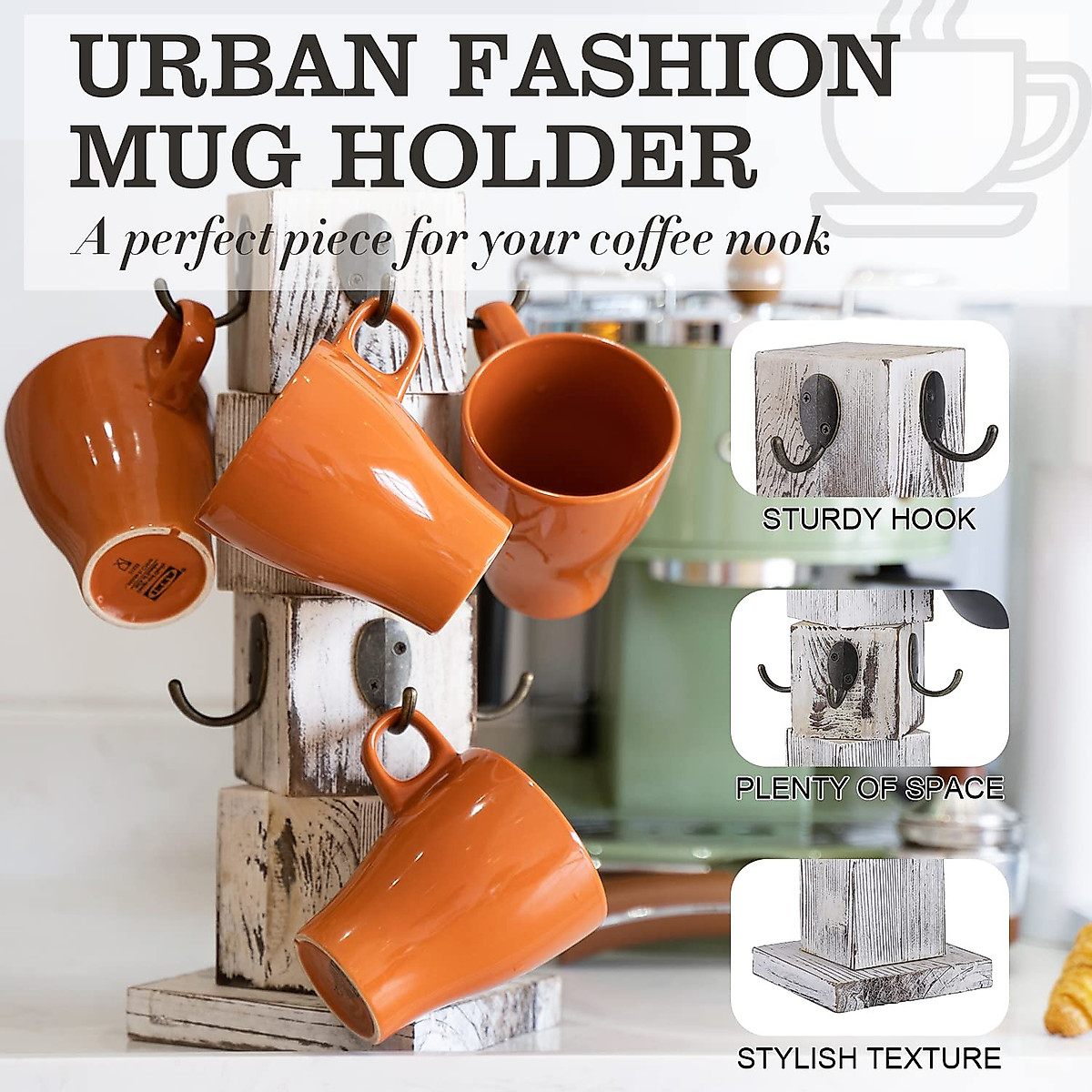 LIERONE 8 Hooks Coffee Mug Holder for Counter Rustic Solid Wood Mug Tree Farmhouse Wooden Coffee Cup Rack Distressed Mug Stand (White)