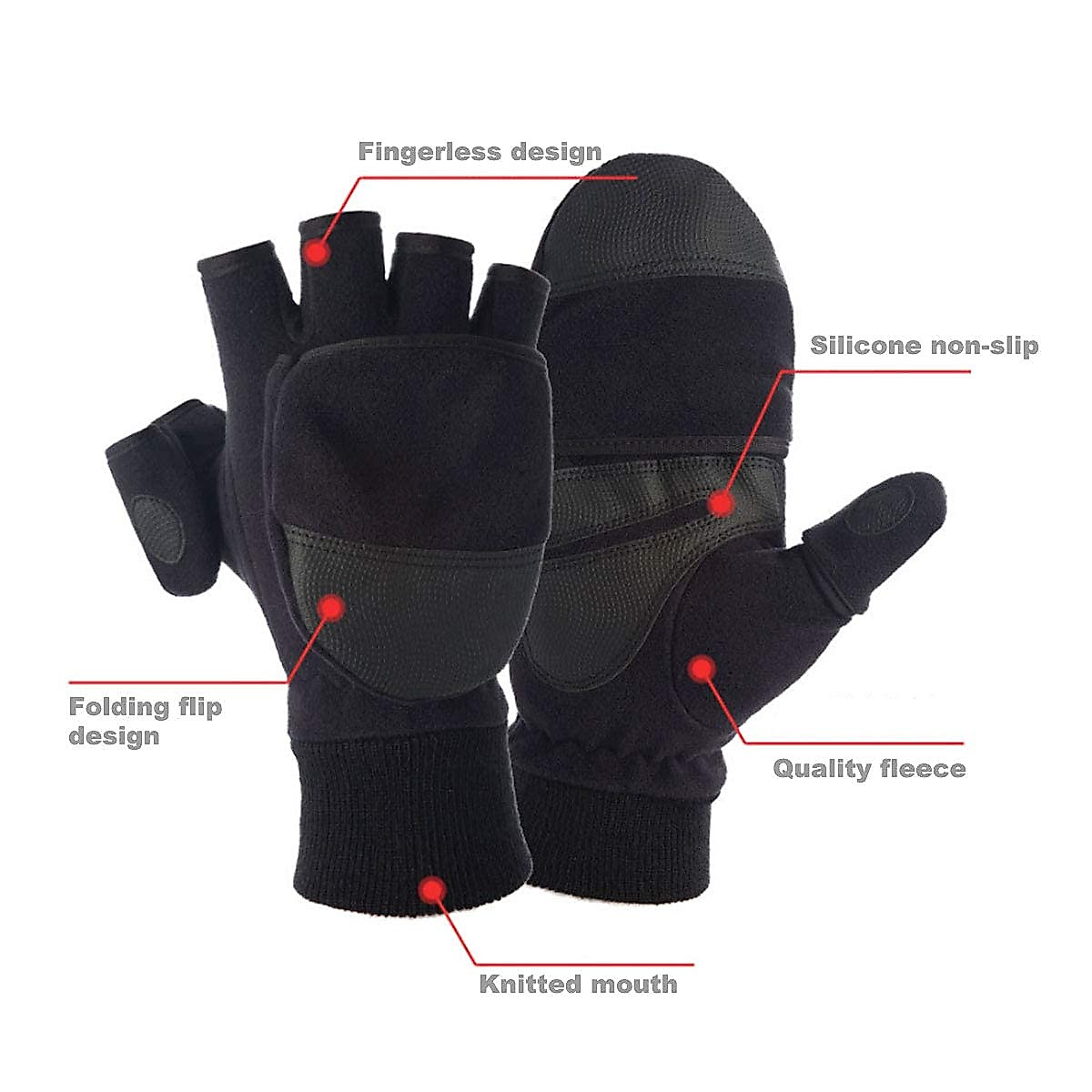 MINIDUO Outdoor Gloves Convertible Mittens Flip Fleece Fingerless Gloves [Windproof] for Men&Women Fishing, Cycling, Running in Cold Weather-L