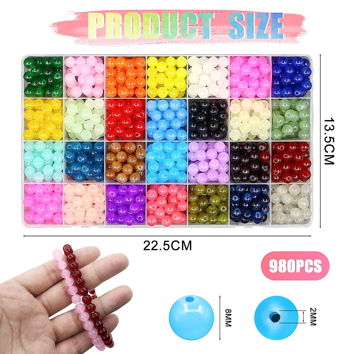 LOTMER 980 PCS 8mm Glass Beads for Jewelry Making - 28 Colors - Round Crystal Gemstone Beads for Jewelry, Necklace, Bracelet, Phone Lanyard Making DIY Craft