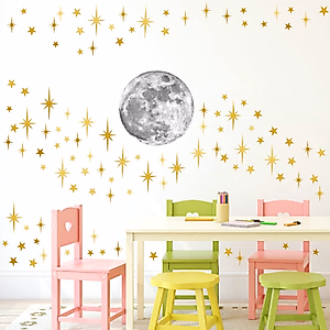 Moon and Stars Wall Decal Moon Wall Sticker Gold Star Decals Peel and Stick Wall Stickers Mural for Kids Baby Room Nursery Wall Decor Vinyl Star for Ceiling Wall Decals for Bedroom Playroom Decoration