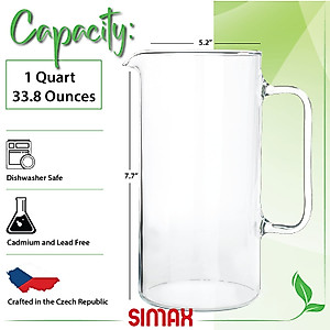 Simax Glass Pitcher, 32 Ounce (1 Quart) Borosilicate Glass, Hot and Cold Safe Iced Tea Pitchers for Drinks, Glass Water Pitcher, Cocktail Jug, Lemonade Pitcher, Sangria Pitchers, Juice Pitchers