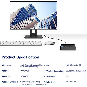 KODLIX Mini PC, Celeron N3350 Dual-Core Processor, 4GB LPDDR4 64GB eMMC, Fanless Mini Desktop Computer Support 4K HD/HDMI+VGA Port/Dual WiFi/Gigabit Ethernet/BT 4.2