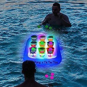 23*23 Inch Glowing Beer Pong Pool Party Rack Tic Tac Toe Floating Rafts, Swimming Pool Pong Party Game Drinking Game and Drink Holder, Includes 1 Rafts 9 Cups and 10 Pong Balls, Flashing Color 1
