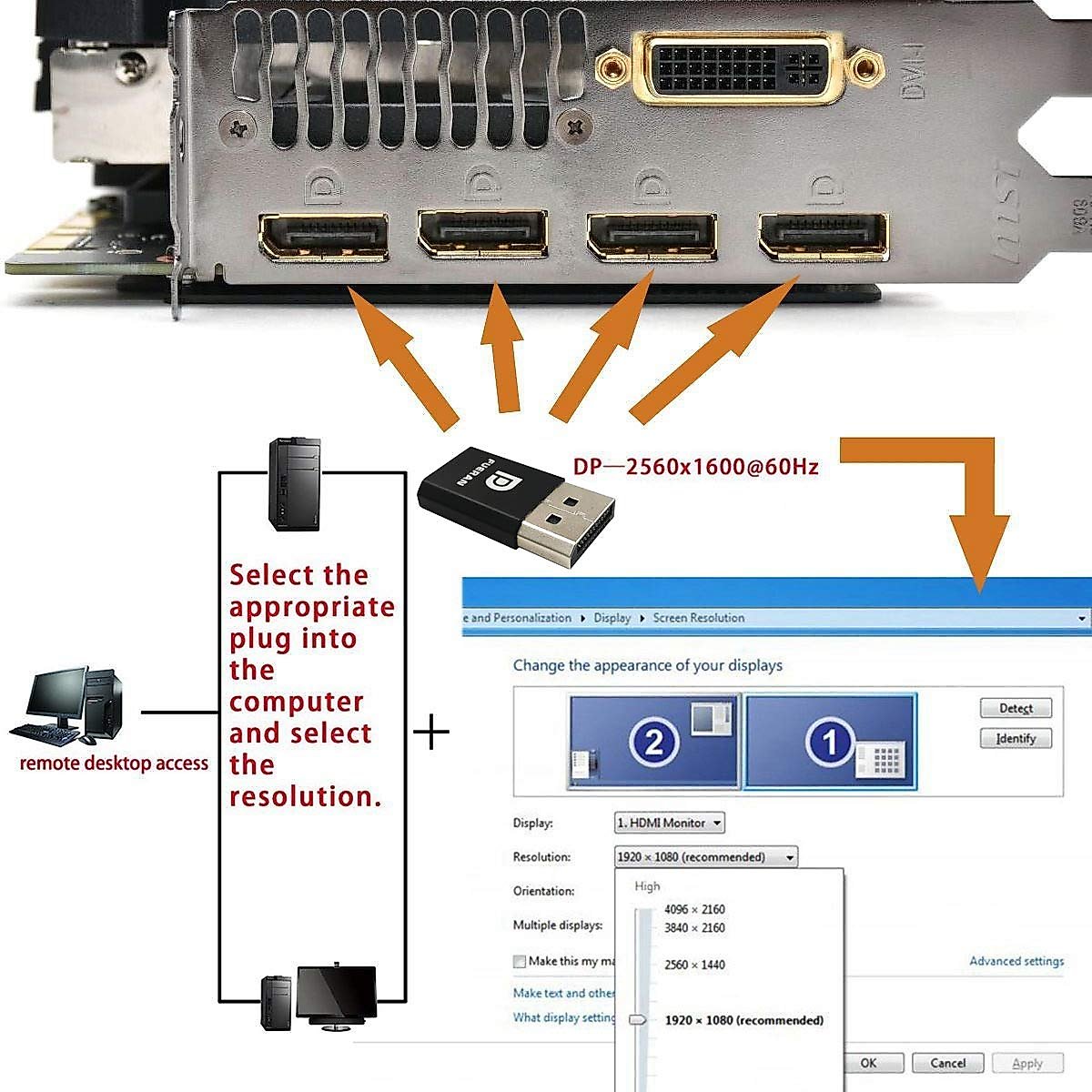 FUERAN DP - DisplayPort Display Emulator EDID Emulator Plug 2K (fit Headless 2560x1600@30Hz) 4K 4096x2160@60Hz Display Port Dummy Plug DisplayPort Compatible (2K-2560x1600@30Hz)