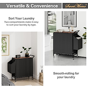 SweetMemo Rolling Laundry Basket with Wheels and Lids, 2 Section Laundry Hamper On Wheels, Heavy Duty Industrial Wheeled Clothes Hampers， Black