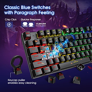 Mechanical Gaming Keyboard, Customizable Rainbow LED Backlit USB Wired Keyboard with Small Size/87 Keys/Multiple Colors/Detachable Keycaps/Spill Resistant,Ergonomic Keyboard for Windows