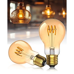 TobeBright A19 Vintage LED Edison Light Bulbs, 4W Equivalent 40W LED Bulbs, 2200K Amber Warm Light Bulbs, E26 Medium Base Spiral Filament Dimmable Light Bulbs for Bedroom Living Room Home, 2-Pack