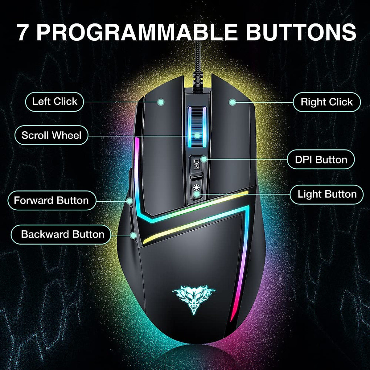 BENGOO Wired Gaming Mouse, PC Computer Mice USB Mouse with 6 RGB LED Modes, High-Precision 6 Adjustable DPI Up to 8000, 7 Programmable Buttons, Ergonomic Optical Mouse for Windows PC Mac Laptop Gamer