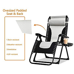 Oversized XL Padded Zero Gravity Chair Folding Patio Lounge Chair Recliners Adjustable Recliner with Cup Holder & Side Table, 420 lbs Weight Capacity, Gray