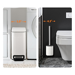 Bathroom Trash Can with Toilet Brush - 1.6 Gallon Slim Stainless Steel Garbage Can, Small Wastebasket for Bathroom, Office, Bedroom, Silicone Toilet Brush Included, White