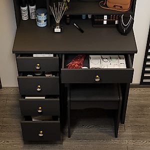 Hitow Vanity Desk Set with Mirror, Makeup Vanity with 5 Drawer & Shelf, Dressing Table with Touch Screen Light & Jewelry Organizer for Bedroom, Black (No Light)