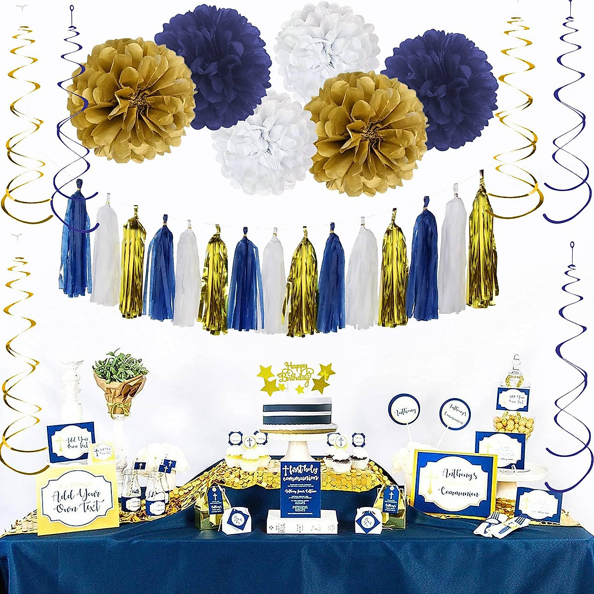 YGYXMY Birthday Decorations for Men Boys | Navy Blue Gold White Happy Birthday Party Decorations Kit | Banner, Balloons, Tissue Pompoms, Swirls, Tassels Garland