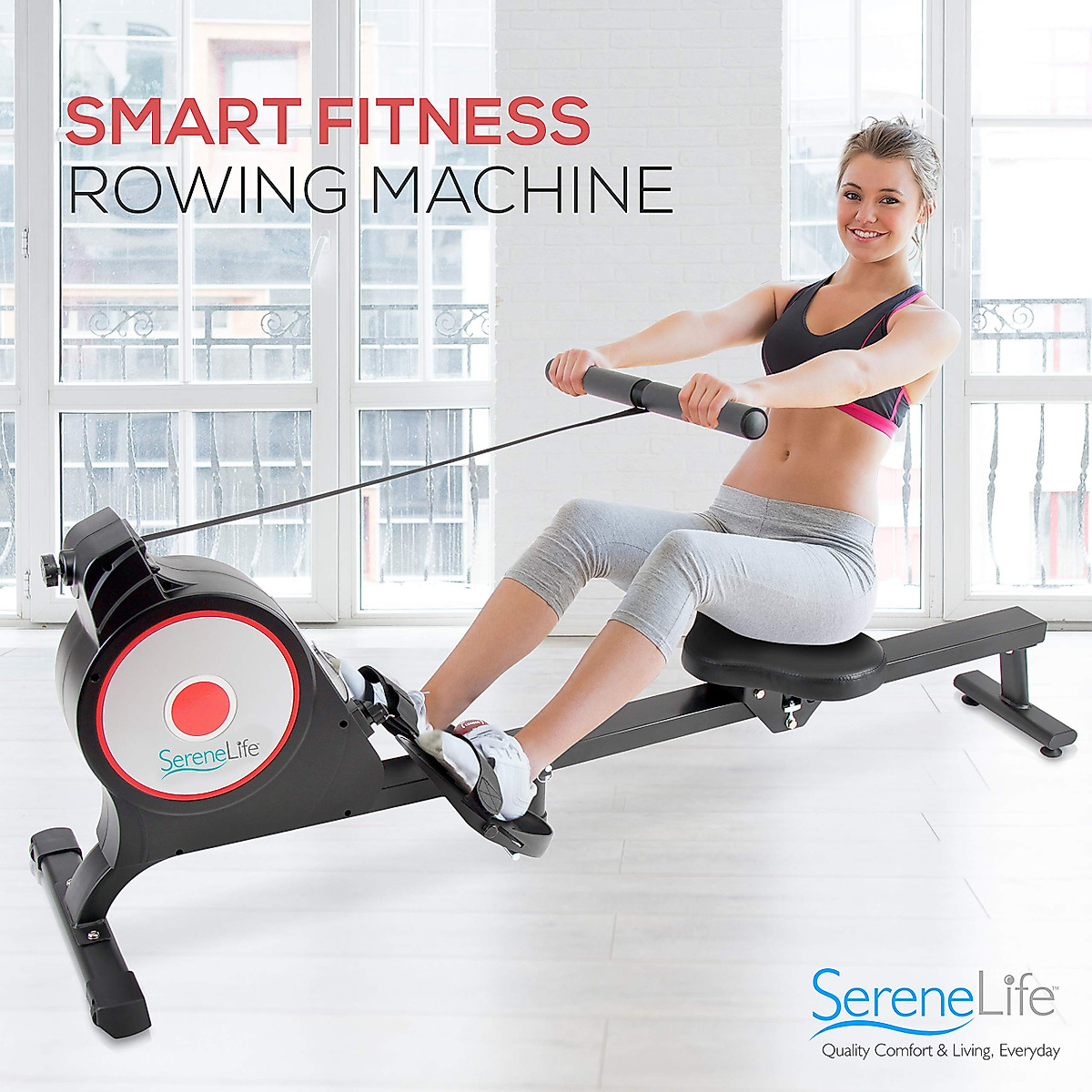 SereneLife Magnetic Rowing Machine with Bluetooth App Fitness Tracking – Foldable Home Gym Exercise Rower with Adjustable Resistant, Easy-Glide Padded Seat, Digital LCD Readout and Reinforced Cable