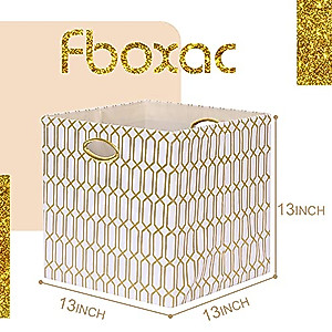 Fboxac Cube Storage Bins 13×13 Polyester Foldable Box with Handles, Collapsible Organization Basket Set of 4 Large Capacity Drawer for Closet Shelf Cabinet Bookcase Bedroom, White Gold