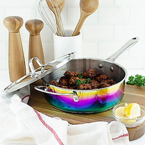 The Magical Kitchen Collection - Iridescent Rainbow 9.5” Skillet with Lid - 4 Quart, Premium Heavy Duty Titanium and Stainless Steel Pan - Rust Proof Induction Cookware - Oven Safe Frying Pan