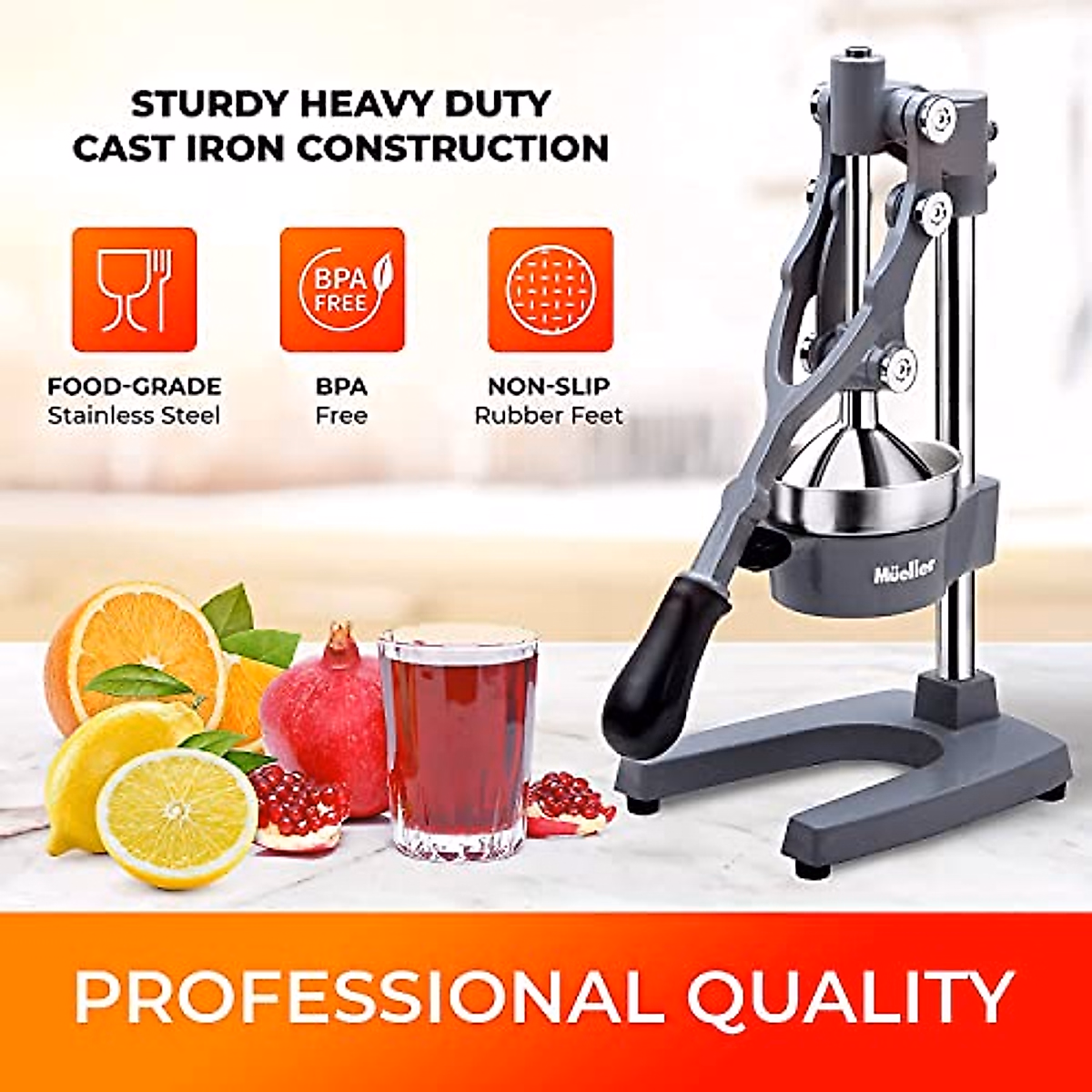 Mueller Citrus Juicer - Professional Manual Juice Press and Orange Juicer - Premium Quality Heavy Duty Grapefruit Juicer and Lemon Squeezer - Metal Orange Juice Squeezer - Light Gray