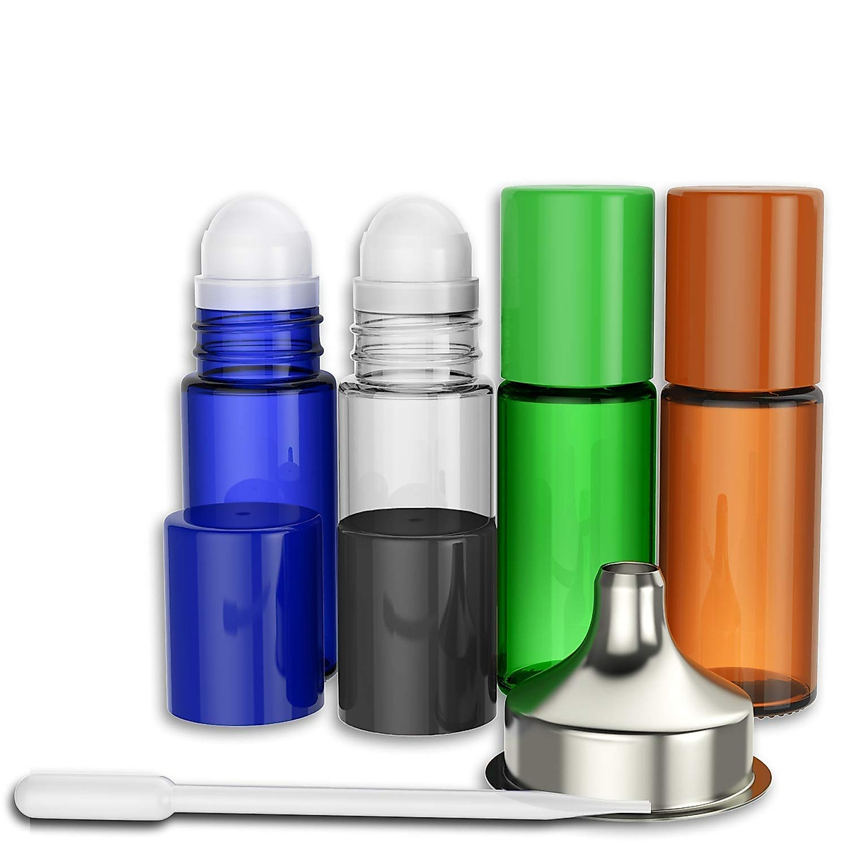 Nylea 4 Pack Essential Oil Roller Bottles [Plastic Roller Ball] FREE Plastic Pippette and Funnel - Refillable Glass Color Roll On for Fragrance Essential Oil - 30ml 1 oz (MIX)