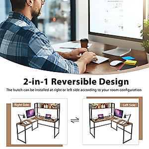 Tangkula Reversible L-Shaped Desk with Hutch, Space Saving Corner Computer Desk with Storage Shelves, Home Office Study Writing Desk Computer Workstation with Storage Bookshelf, Gaming Desk