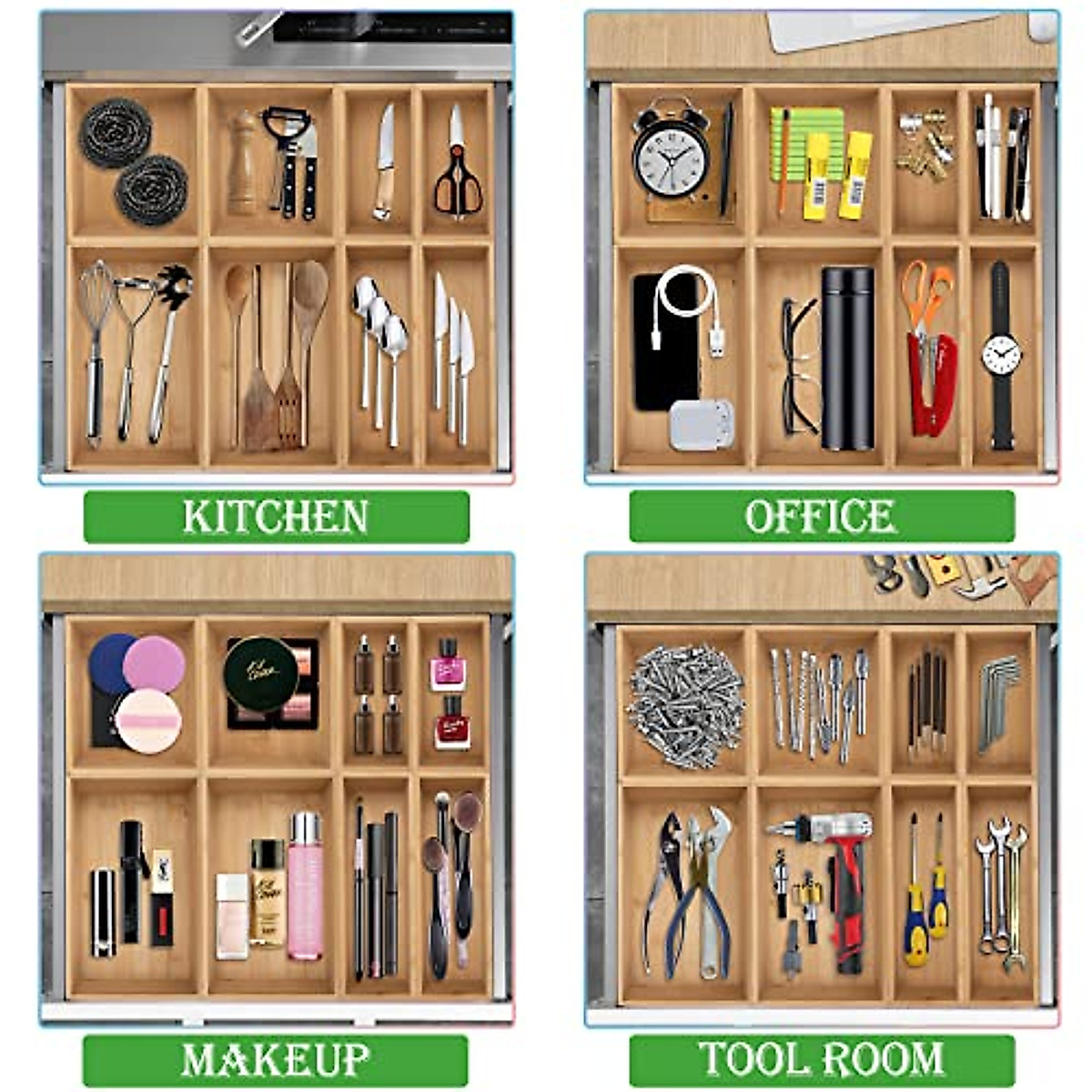 KOOHOAMZ 8 Pcs Bamboo drawer Organizer Storage Box, Bin Set - Multi-Use bamboo Drawer Organizer Storage boxes for Kitchen Utensils, Bathroom, Office Desk, Makeup(8 Boxes)