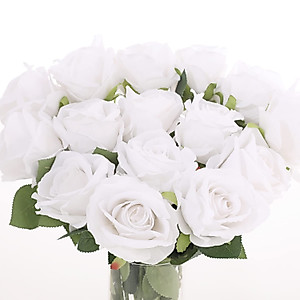 Cloudecor 15Pcs Artificial Roses Velet Real Touch Single Stem Fake Roses Silk Realistic Bouquet Flowers Arrangements Home Office Garden Grave Party Wedding Decoration(Pure White-15p, Blossom Roses)
