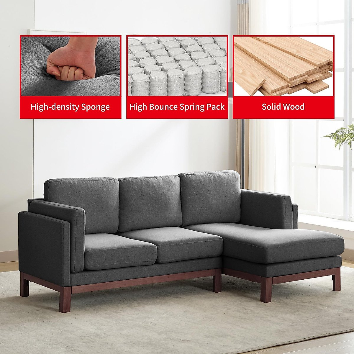 PUREMIND 84 Inches L Shaped Sectional Sofa, Convertible Sectional Couch with Reversible Chaise, Linen 3-Seat Couches with Thick Cushion for Living Room Dark Grey