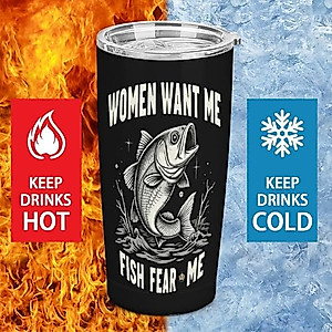 Women Want Me Fish Fear Me Funny Fishing 20 OZ Stainless Steel Tumbler Travel Car Coffee Mug with Straw Lid Cleaning Brush Coffee Tumbler Mug for Women Men
