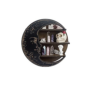 CEFRECO Black Crescent Moon Shelf - Rustic Wooden Crystal Holder for Healing Stones and Essential Oils - Wall-Mounted Crystal Shelf Display for Wall Decor - Witchy Gifts for Women