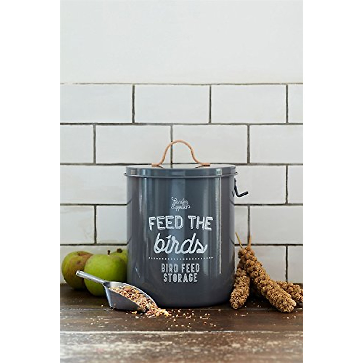 Burgon & Ball Bird Food Storage Container Tin Charcoal Grey with Scoop and Leather Handle