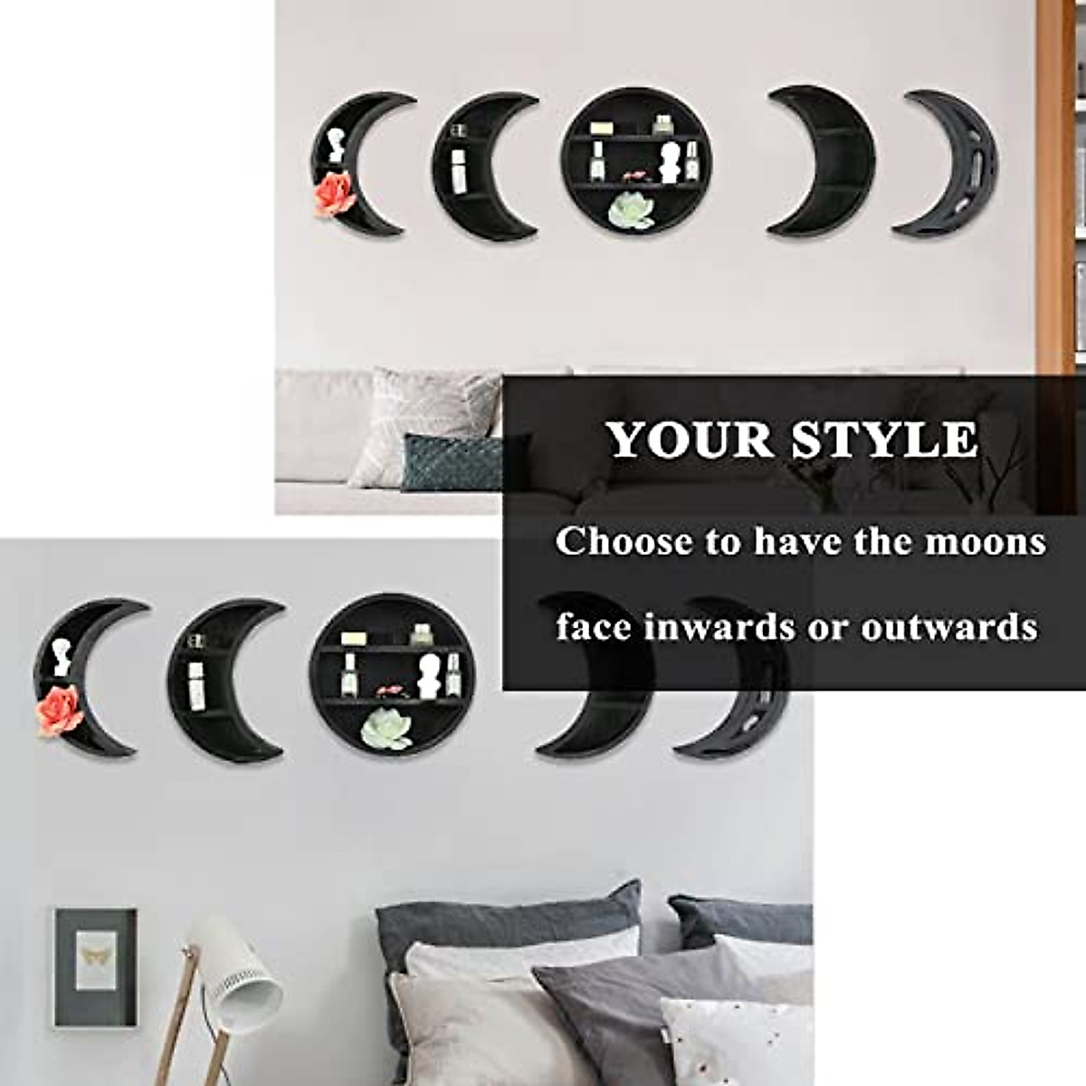 5 Pcs 10" Wall-Mounted Moon Phase Shelf Set, Solid Wood, Bed Sofa Wall Decor Storage Rack, Boho Moon Decors Crystal Display Shelf, Crescent Floating Shelves, Witch Gift