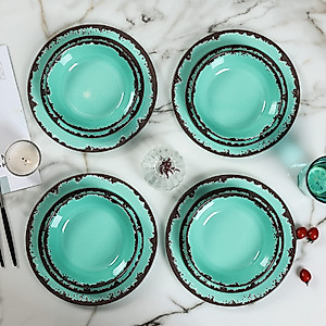 Rustic Melamine Dinnerware Set - 12 Pcs Yinshine Outdoor Camper Dinnerware Dishes Set Service for 4, Green