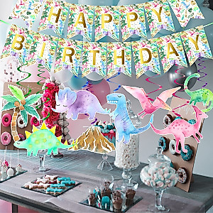 Girls Dinosaur Birthday Party Decorations, Pink Dinosaur Party Supplies, Girls Dino Party Banner and Hanging Swirls
