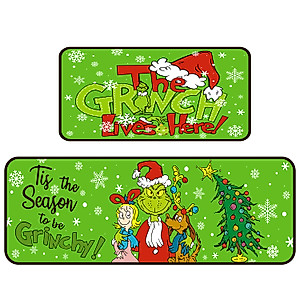 Christmas Decorative Kitchen Mats Set of 2,Grin Christmas Kitchen Decoration,Non Slip Absorbent Kitchen Mat Waterproof Runner Rug for Laundry Room and Sink 17x 29,17x48 Inches
