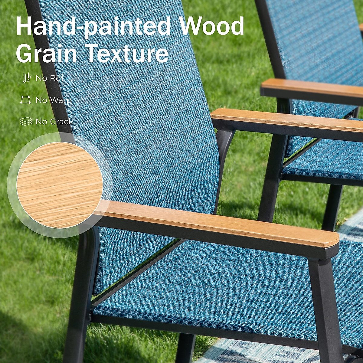 PHI VILLA Outdoor Stackable Dining Chairs Set of 2（Blue,Lightweight Aluminum Frame with Textilene Fabric & Wider Armrest,Easy to Store,Patio Chairs for Garden,Lawn