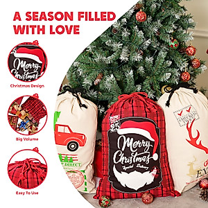 JOYIN 3 Santa Sacks Christmas Canvas Burlap Gift Bags Personalized Storage with Drawstring for Extra Large Xmas Stuffers Presents Bags, Party Favor Decorations