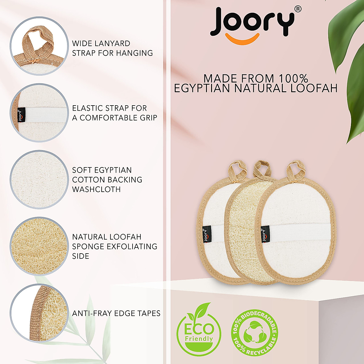 JOORY Natural Exfoliating Loofah Sponge, Egyption Body Scrubber (3 Pack), Biodegradable Shower luffa Pad