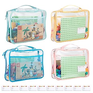 4-Pack PVC Toy Storage Bags（Name Tag, 10 Memo Cards), Large 13.8" x 3.2" x 10" Clear Double Zipper Organizing Bags with Handle, Colored Blocks Board game Storage Organizer Case for Playroom