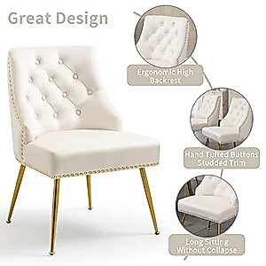 WQSLHX Modern Velvet Dining Chairs Set of 2, Upholstered Button-Tufted Armless Accent Chairs with Golden Legs for Kitchen & Dining Room Living Room, Beige