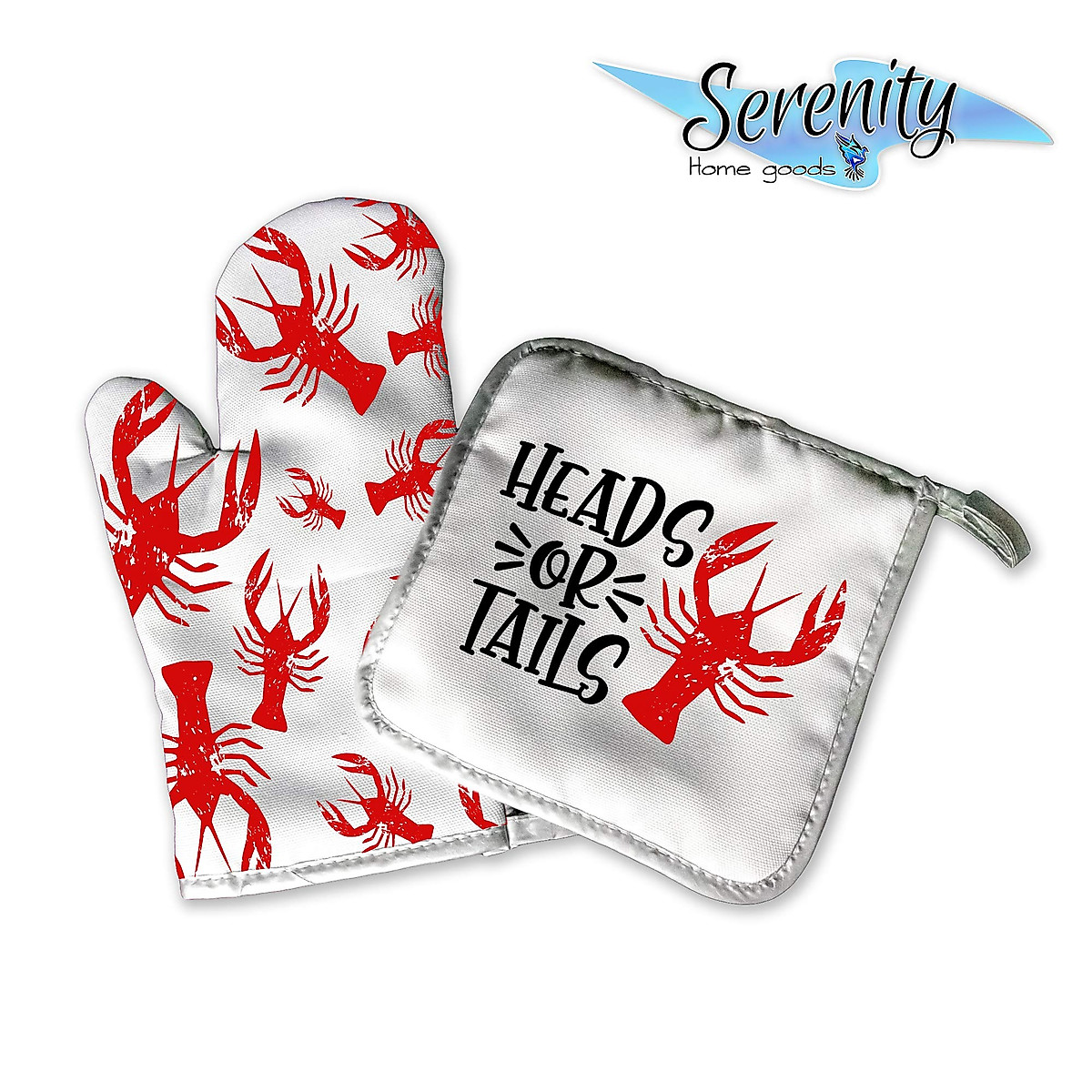 Crawfish Home Decor | Decorative Kitchen Hot Plate Pot Holder Oven Mitt Set | Heads Or Tails | Red White Southern Crawdads Crayfish Bayou Spring Summer Fall | White Home Decor Decorations