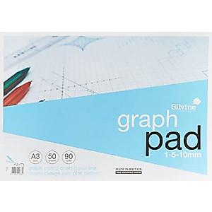 Silvine A3 Graph Pad. 50 Sheets of Quality 90gsm Paper, Printed 1-5-10mm Graph. Ref A3GP
