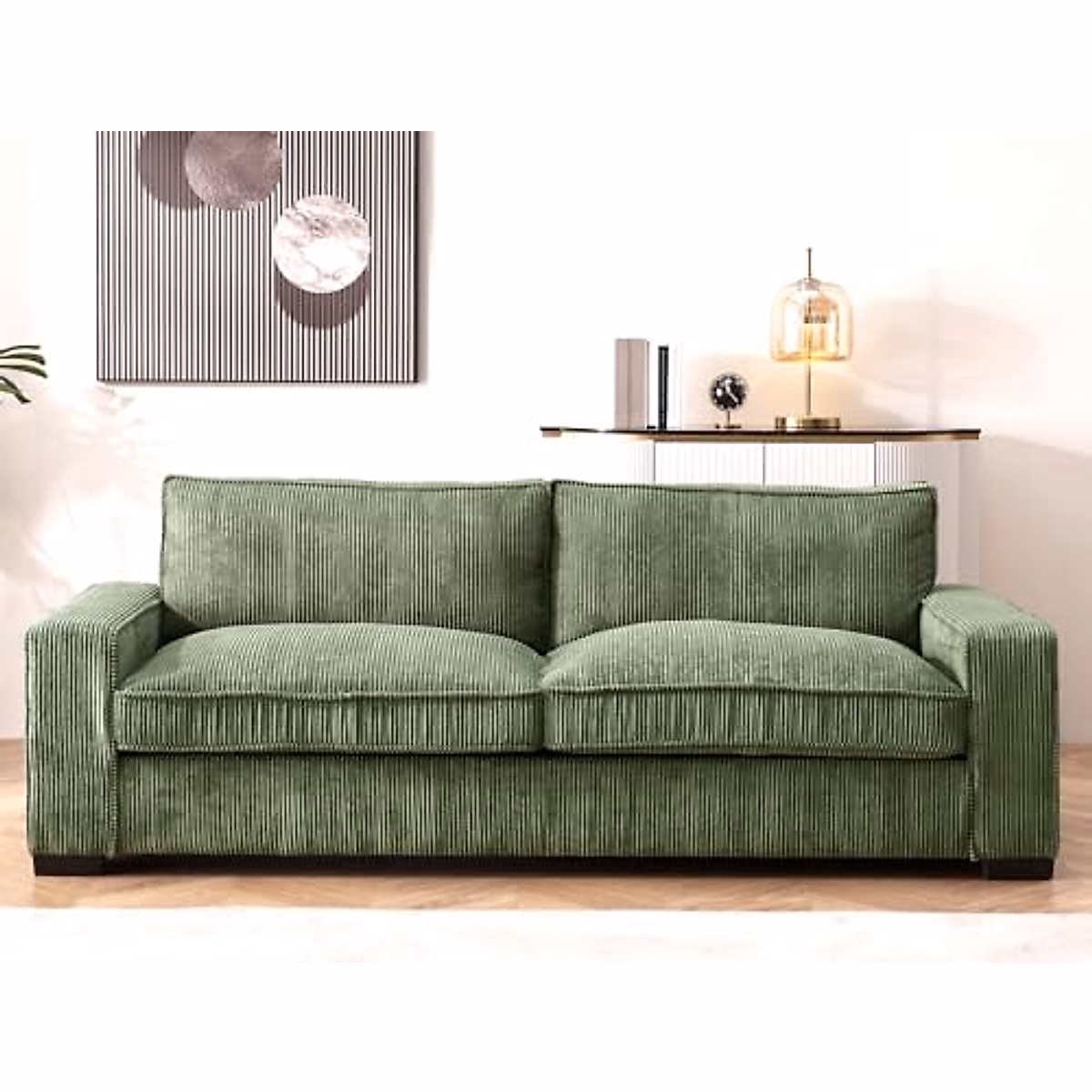 Container Furniture Direct Luxe Corduroy Sofa with Sleek Design, Spacious and Comfortable 3 Seater Couch for Modern Living Room, Ideal for Entertainment and Cozy Moments, Large, Green