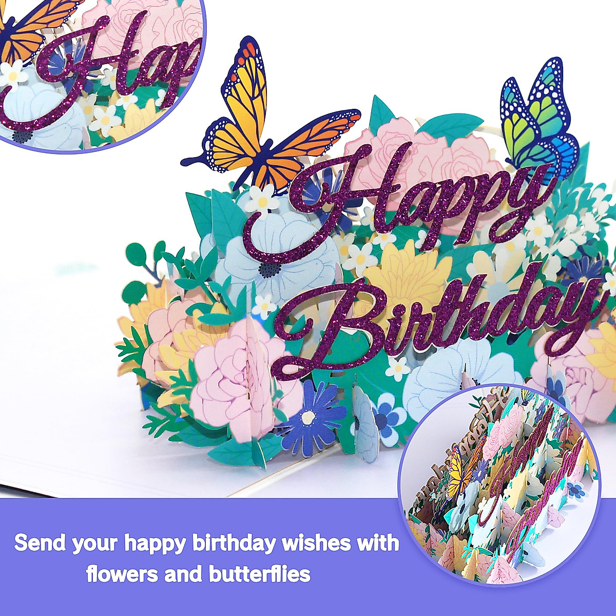 Butterfly Garden Birthday Card, Happy Birthday Pop Up Card, Flower Birthday Greeting Card For Mom Sister and Friend, 3D Birthday Card for Lovers, Kids, Girls, Teachers