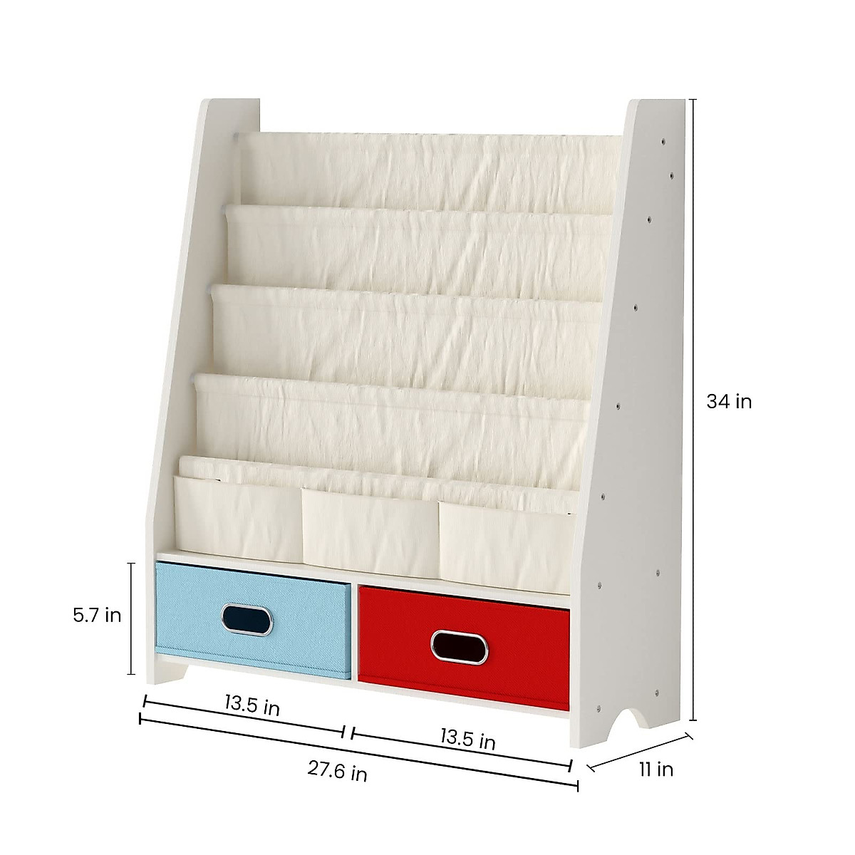 SEIRIONE Sturdy Kids Bookshelf, Children Display Rack, 4 Sling and 2 Storage Boxes for Toys Organizer, White/Wood Texture