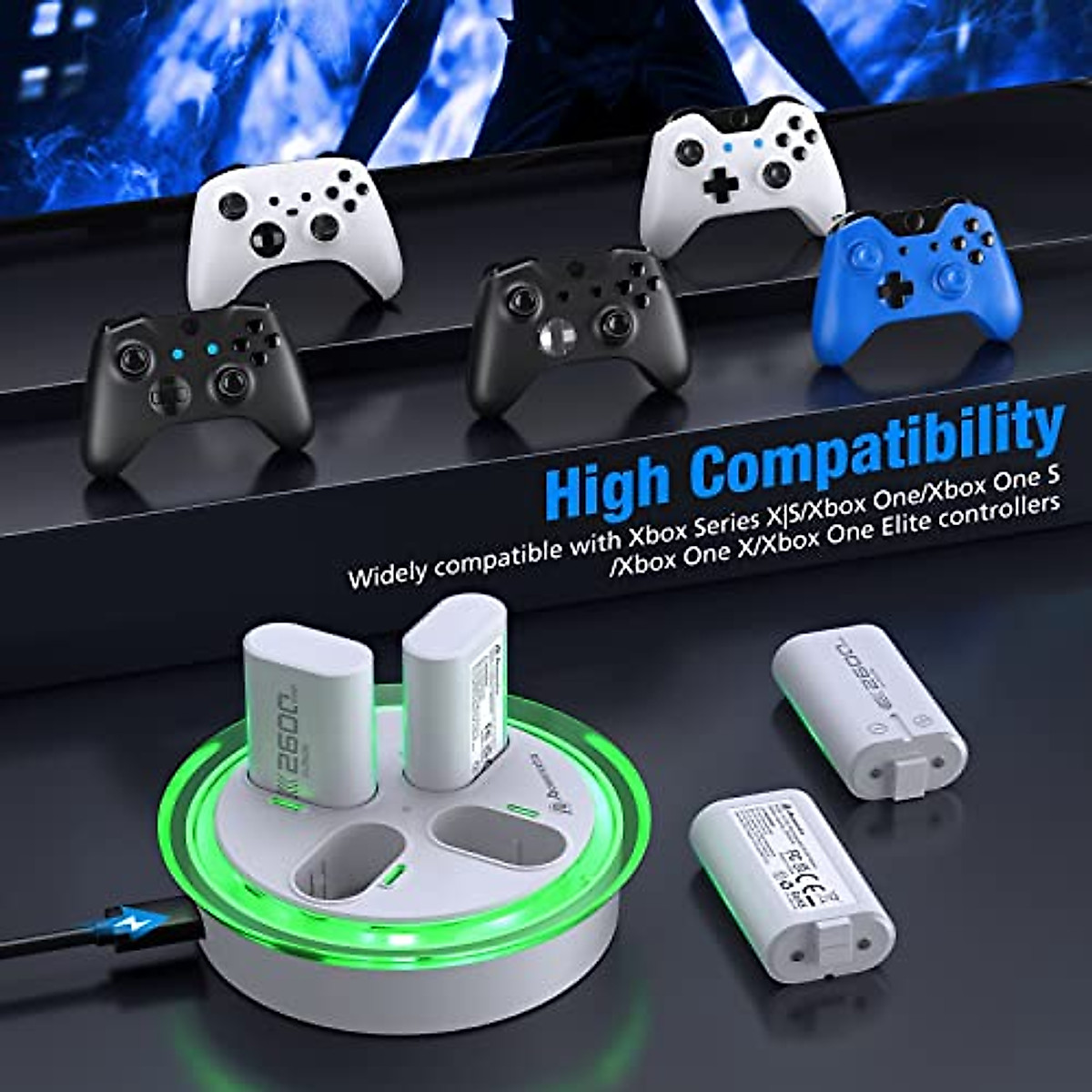 Powerextra Fast Charger Station for Xbox Controller Battery Pack, 4×2600mAh High Capacity Xbox Rechargeable Battery Pack with Charging Dock for Xbox One S/X, Xbox Series S/X Controller—White