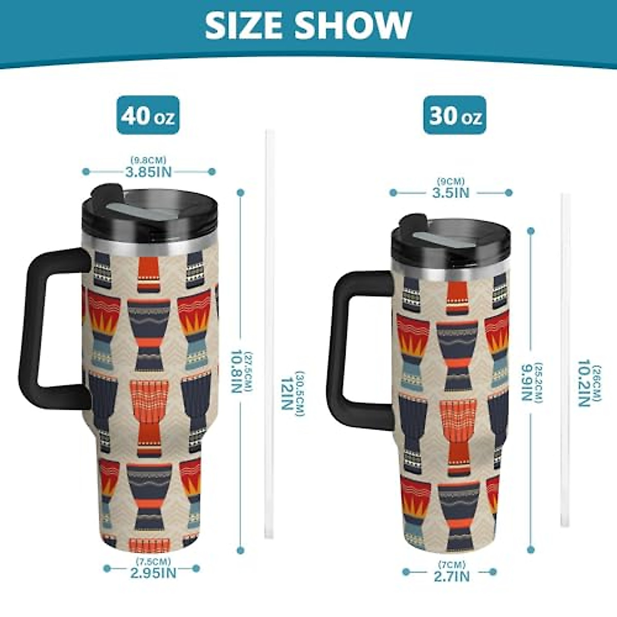 Exnundod African Djembe Drums Pattern Tumbler with Handle 30oz and Straw Insulated Tumblers Leak-proof Water Bottle for Car Travel