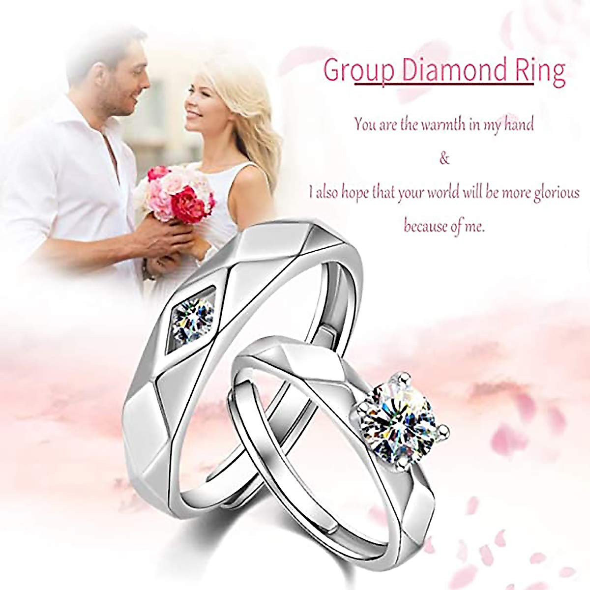Sunamy Fashion Couple Rings for Him and Her Set,Adjustable S925 Silver CZ, Matching Promise Ring Engagement Ring Wedding Ring Anniversary Ring