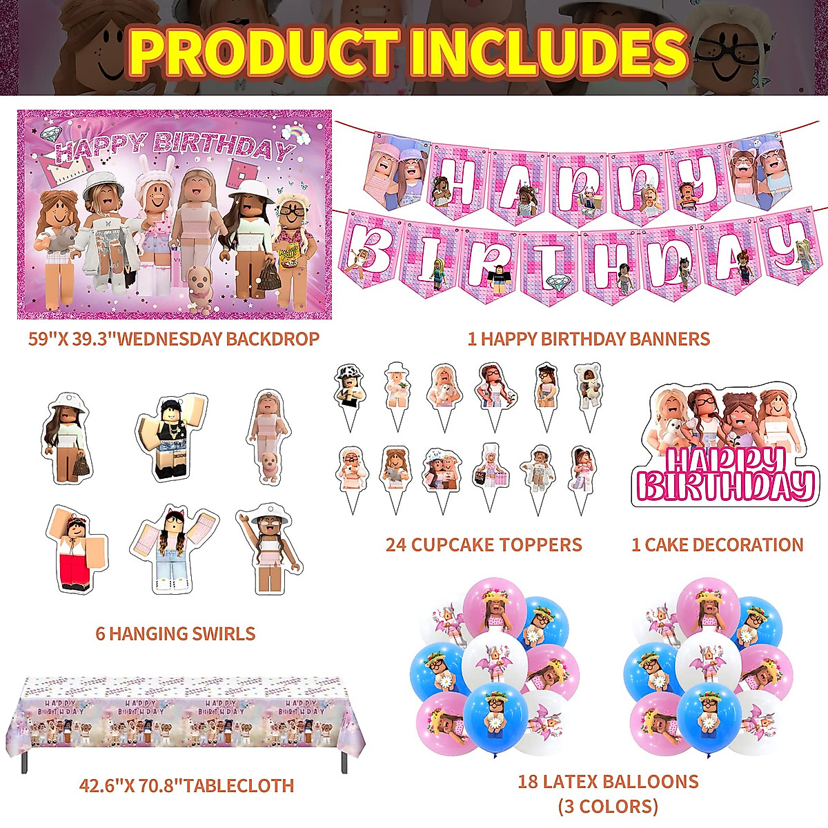 Birthday Party Supplies, Party Decorations Include Happy Birthday Banner, Backdrop, Tablecloth, Cake Toppers, Hanging Swirls, Cupcake Toppers, Latex Balloons