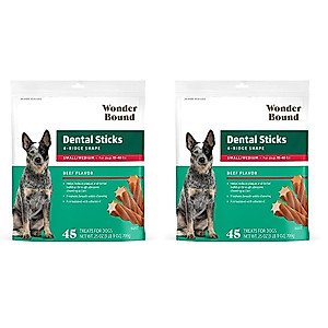 Amazon Brand - Wonder Bound Beef Flavor Dental Sticks for Small/Medium Dogs (15-40 lbs), 6-Ridge Shape for Plaque & Tartar Control, Freshens Breath, Formulated with Vitamin C, 45 Count (Pack of 2)