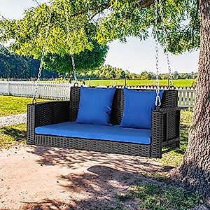 VINGLI Heavy Duty 800 LBS Wicker Hanging Porch Swing with Cushions & Chains, 4FT Outdoor Rattan Swing Bench for Garden, Yard, Lawn (Black+Blue)