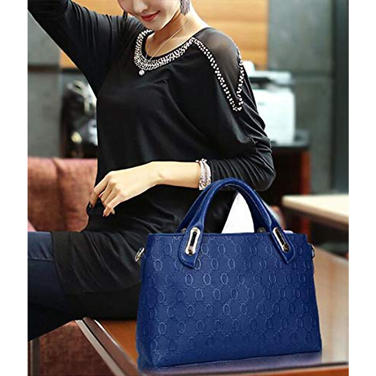 YAQUNICER Women PU Leather 4Pcs Set Handbag Tote Shoulder Bags Top-handle Satchel Purses Cltuch Wallet-Blue